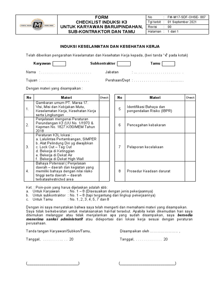 Form Checklist Induski K3 | PDF