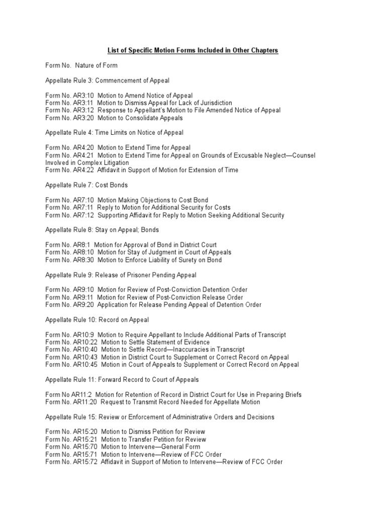 Comprehensive List of Motion Forms | PDF | Appeal | Restraining Order