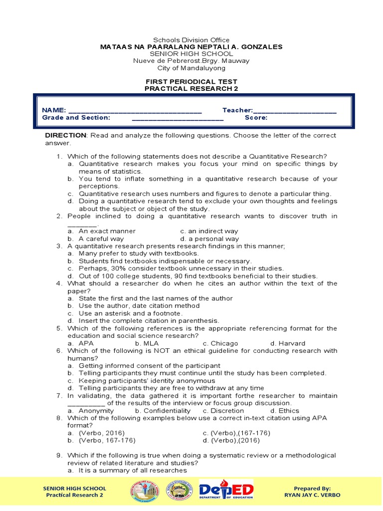 Practical Research 2 First Quarter Assessment PDF Free | PDF ...