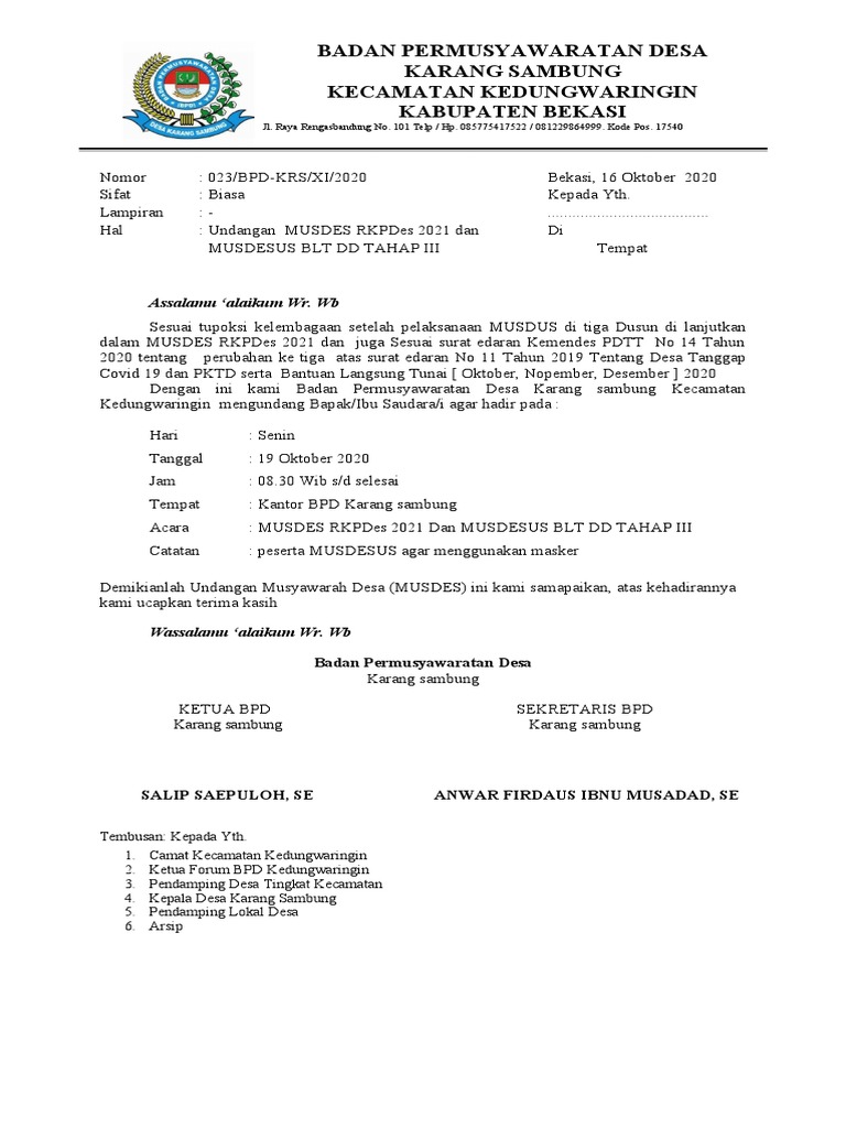 Undangan MUSDES RKPDes 2021 Karang Sambung | PDF