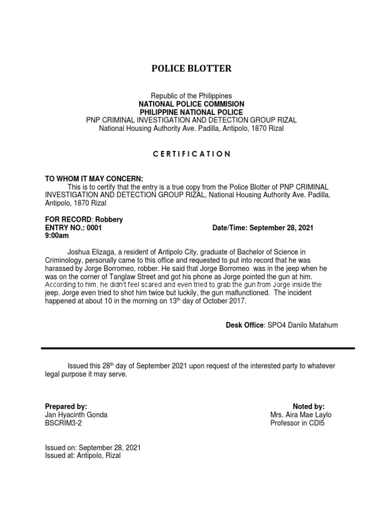 PNP Rizal CIDG police blotter report on robbery incident | PDF ...