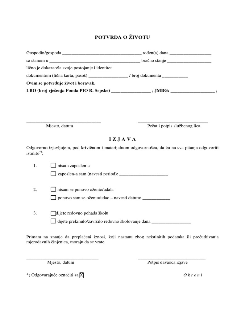 Potvrda o Zivotu | PDF