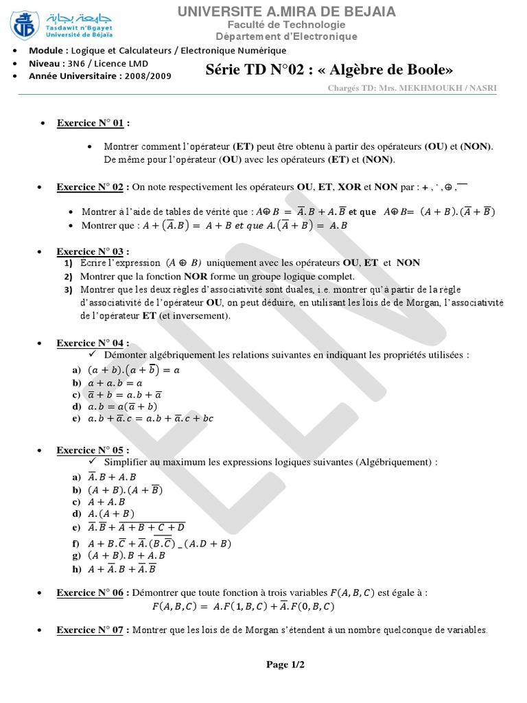 TD 2.algébre de Boole - Béjaia | PDF | Algèbre de Boole (logique) | Enseignement des mathématiques