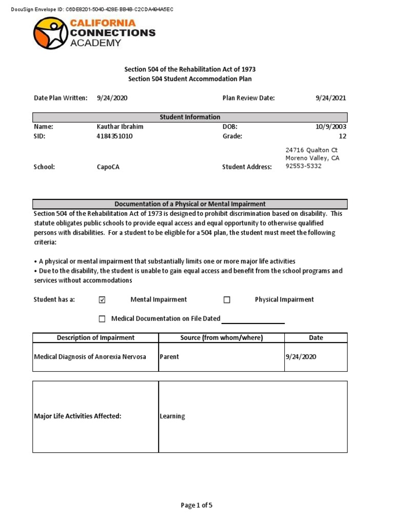 Initial 504 Plan for Connections Academy | PDF | Section 504 Of The ...