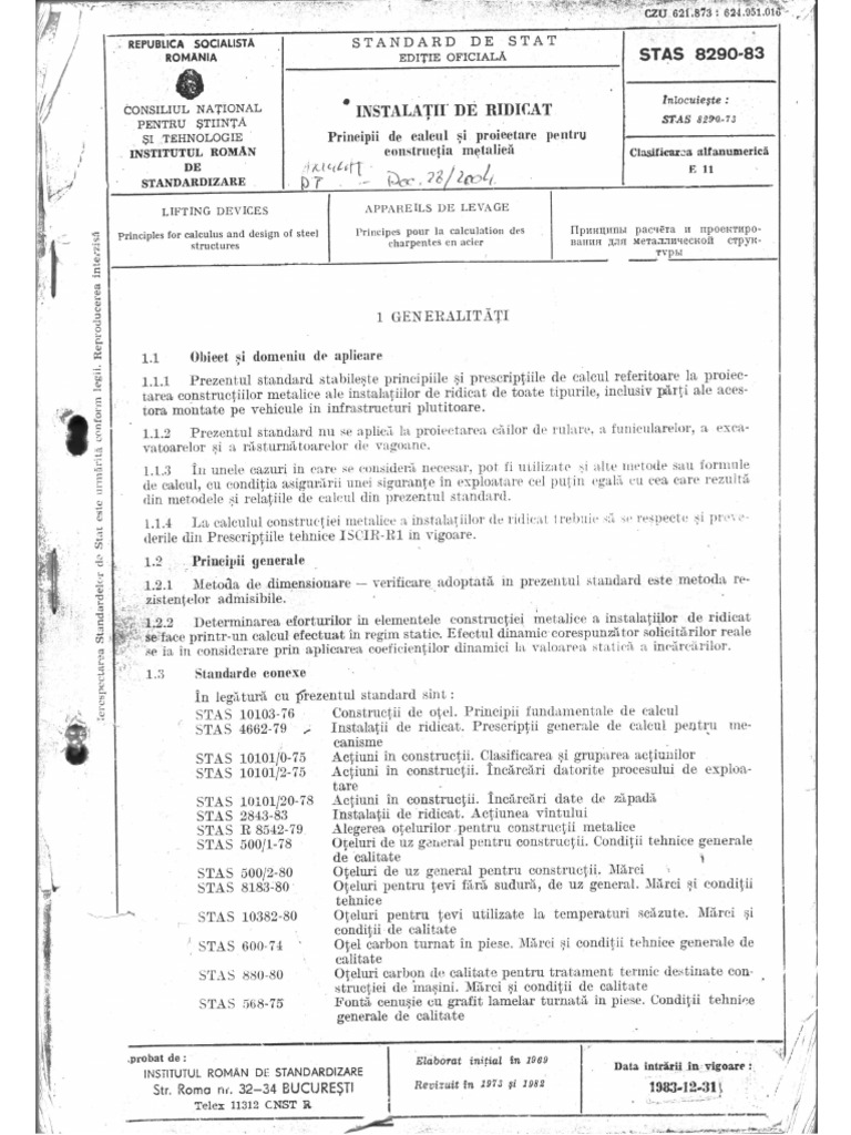 STAS 8290-83 - Instalatii de Ridicat. Principii de Calcul Si Proiectare Pentru Constructia ...