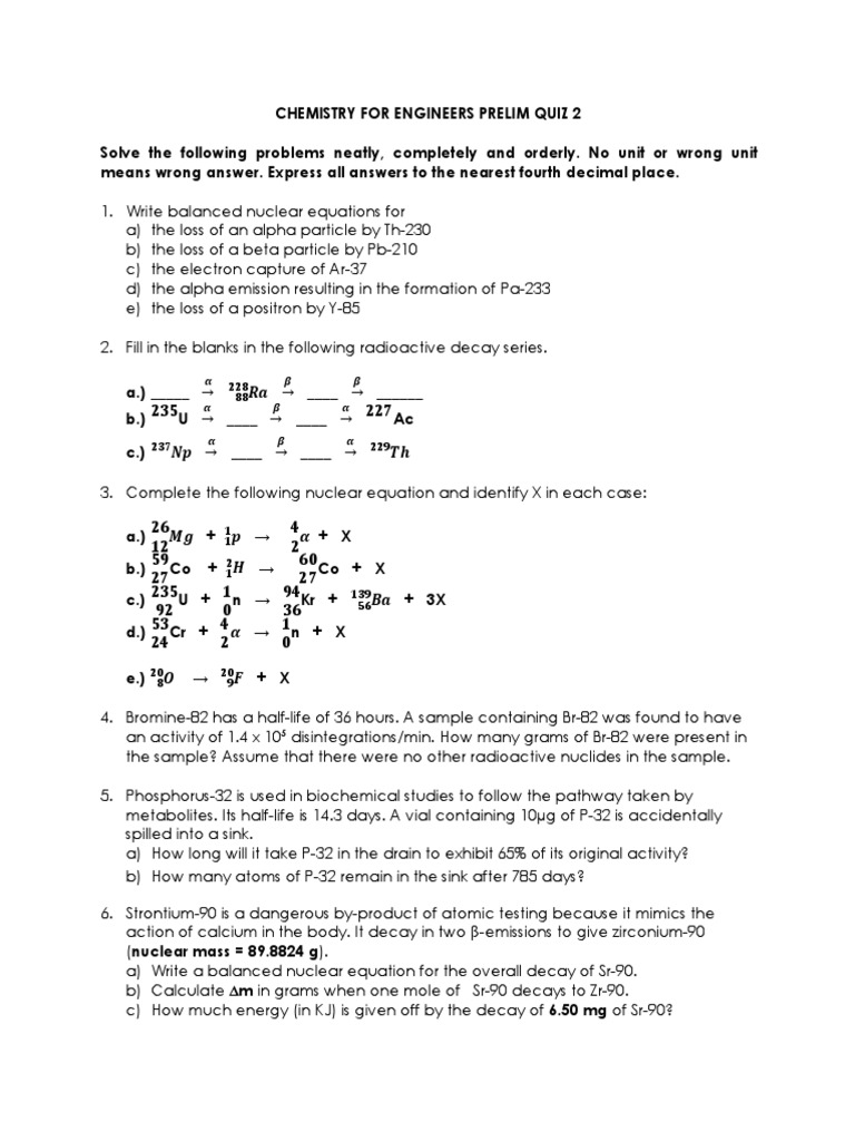 Chemistry Quiz: Nuclear Equations & Decay | PDF | Radioactive Decay ...