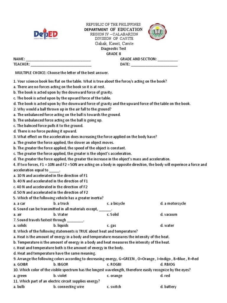 G8 Science - Diagnostic Test - Quarter 1 | PDF | Force | Quantity