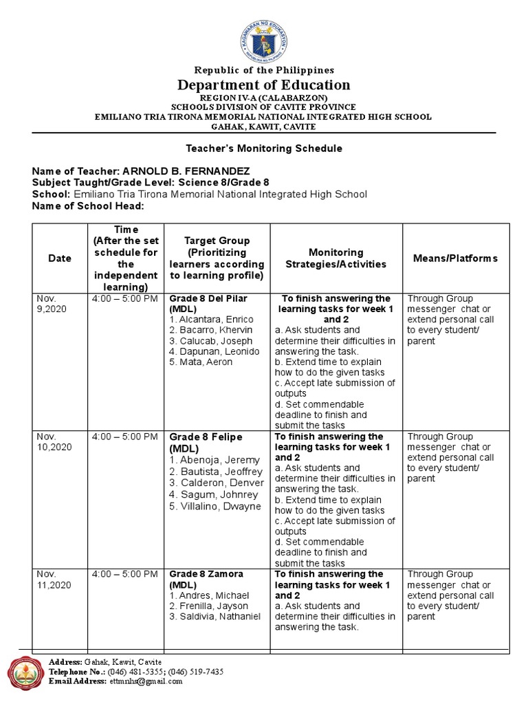 Week 1 and 2-Teacher's Monitoring Schedule | PDF | Applied Psychology ...