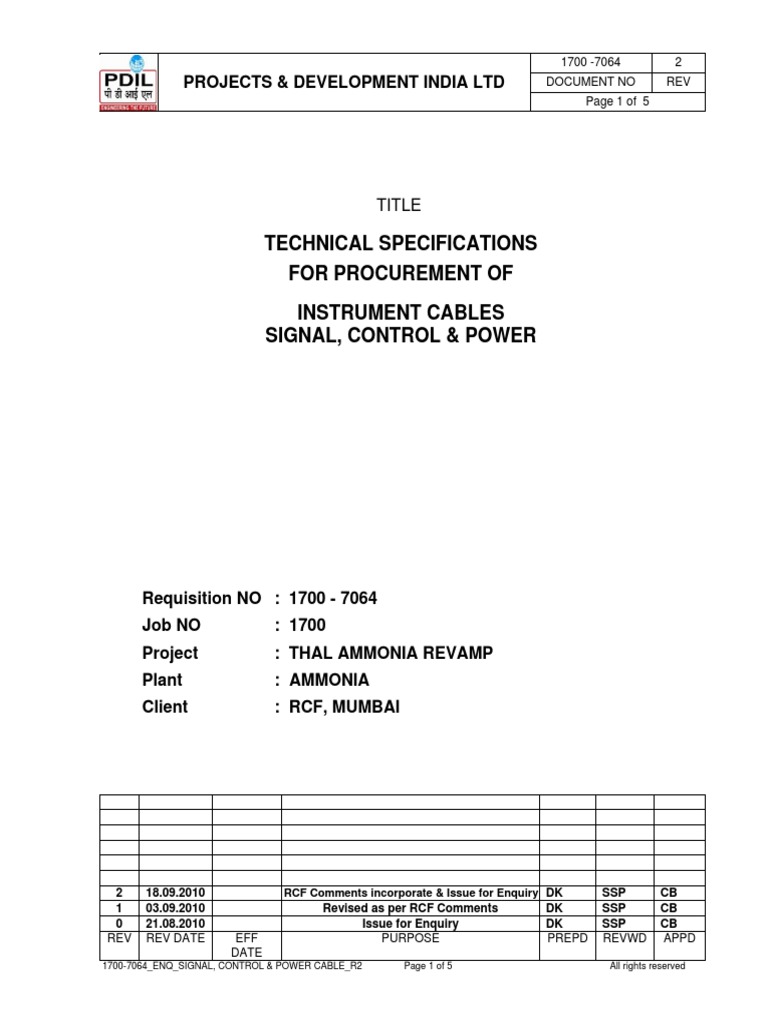 Technical Specifications For Procurement of Instrument Cables Signal ...