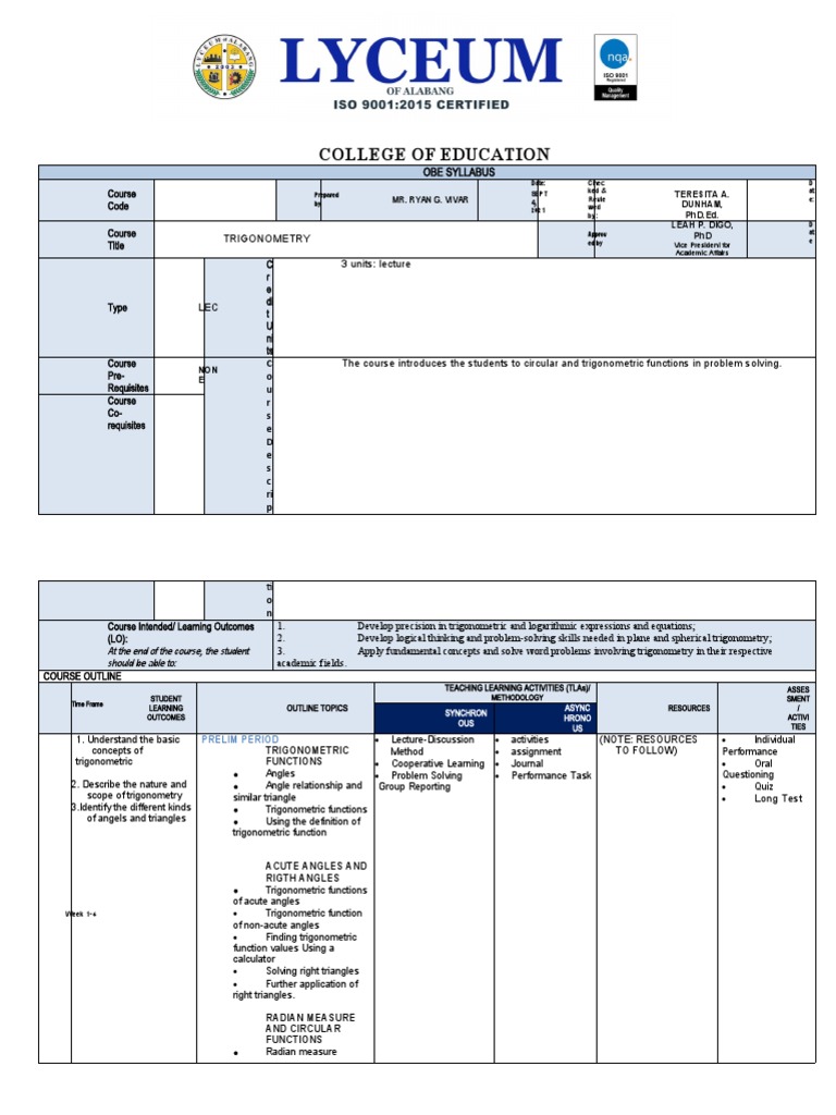 Vivar - Trigonometry-Obe-Syllabus | PDF | Trigonometric Functions ...