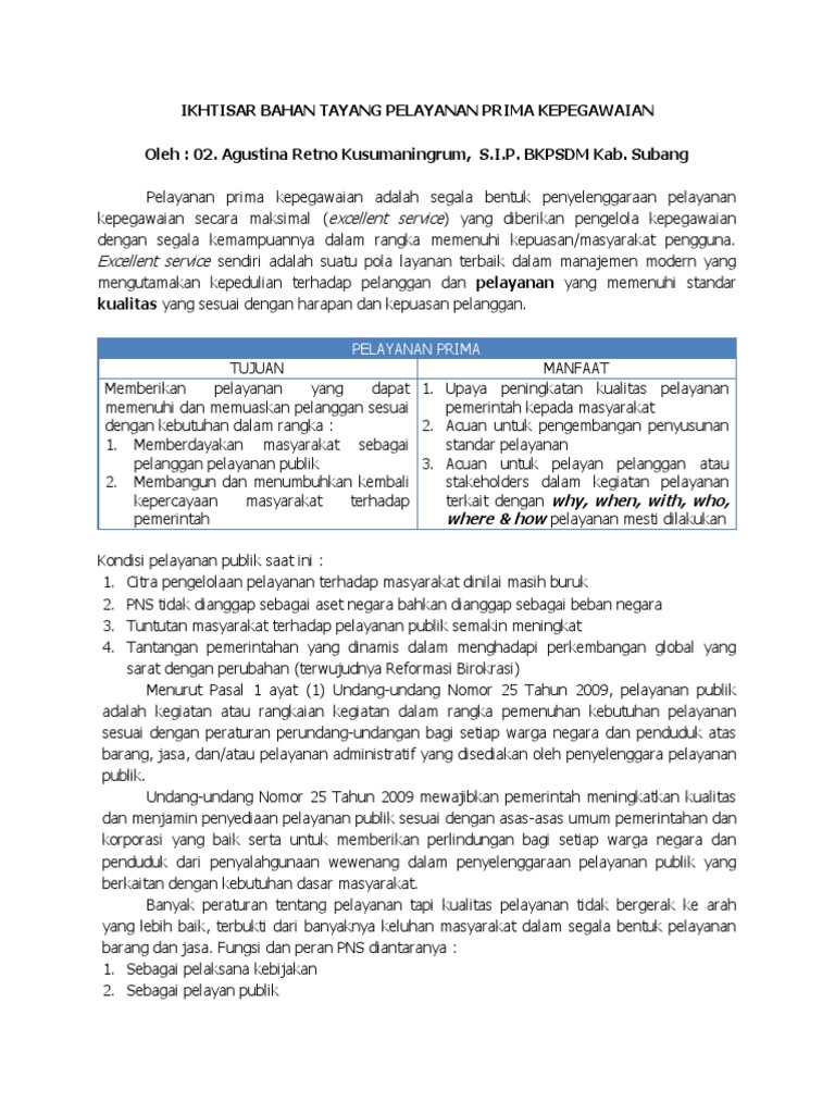 Ikhtisar Bahan Tayang Pelayanan Prima Kepegawaian - Agustina Retno Kusumaningrum - BKPSDM Kab ...