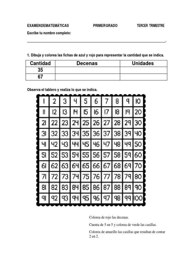 Examen de Matemáticas Primer Grado | PDF