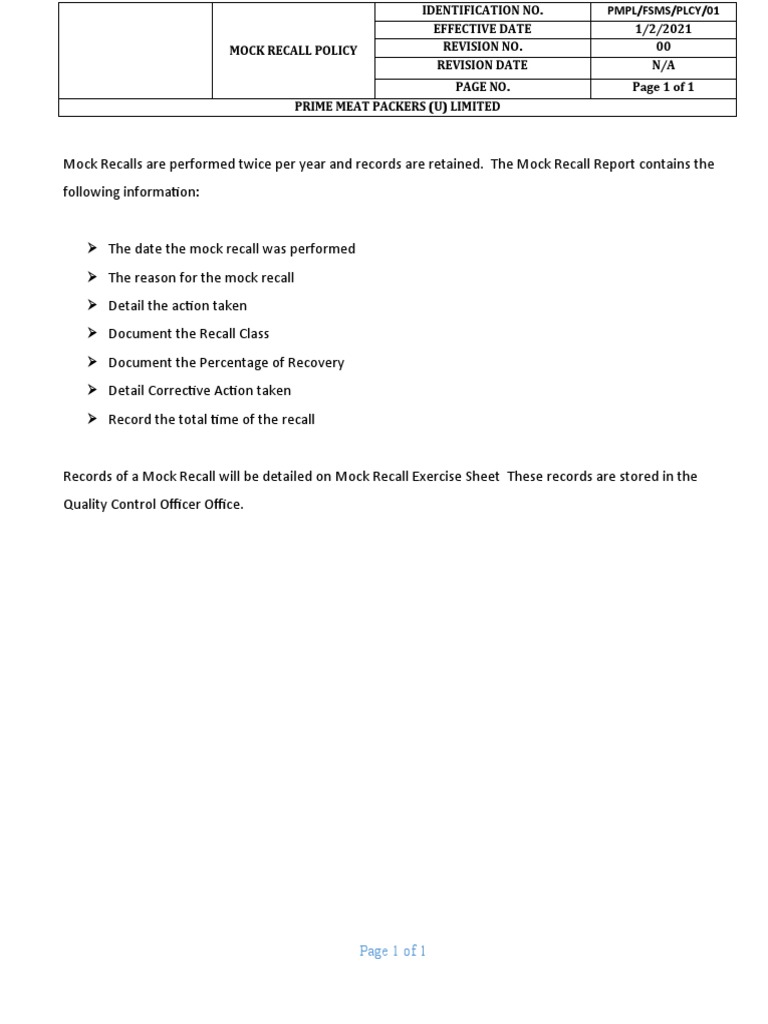 7b Sample Mock Recall Policy Template | PDF | Finance & Money Management