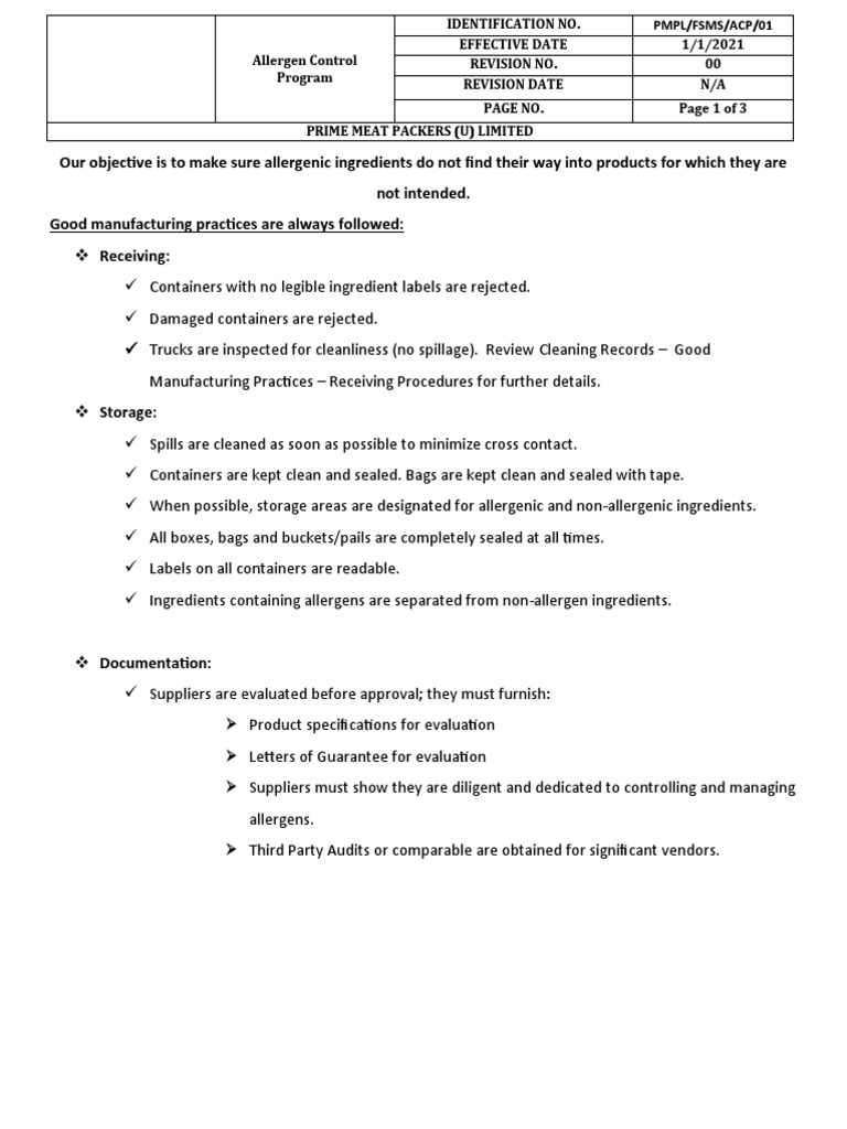 Allergen Control Program Overview | PDF | Foods | Food And Drink