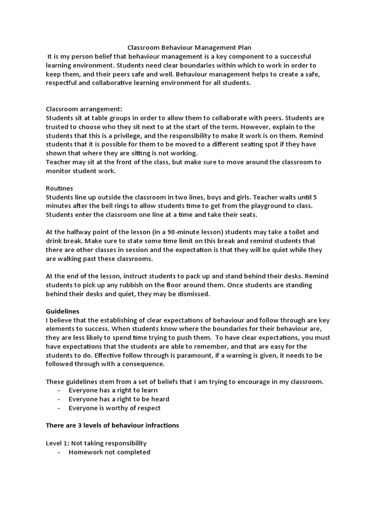 Classroom Behaviour Management Plan | PDF | Classroom | Teachers