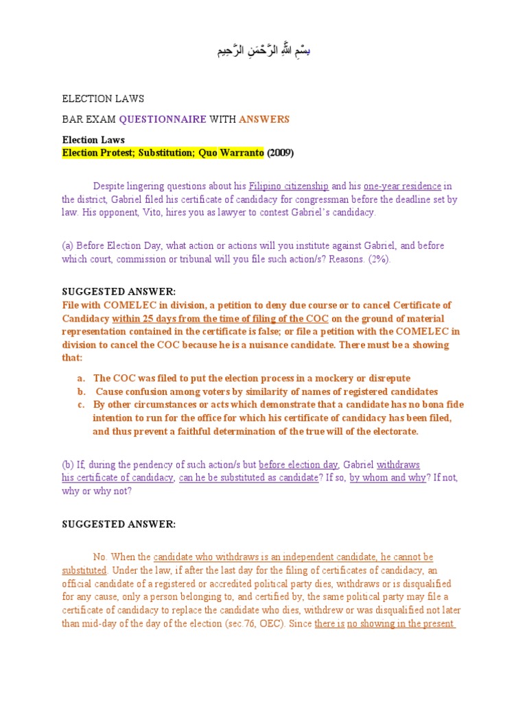 Election Law Bar Exam Q&A Guide | PDF | Elections | Voting