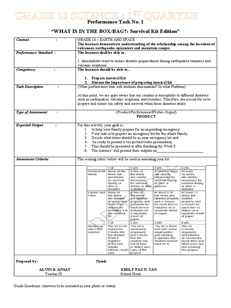 Grade 10 Science: 1 Quarter: Performance Task No. 1 "WHAT IS IN THE BOX ...