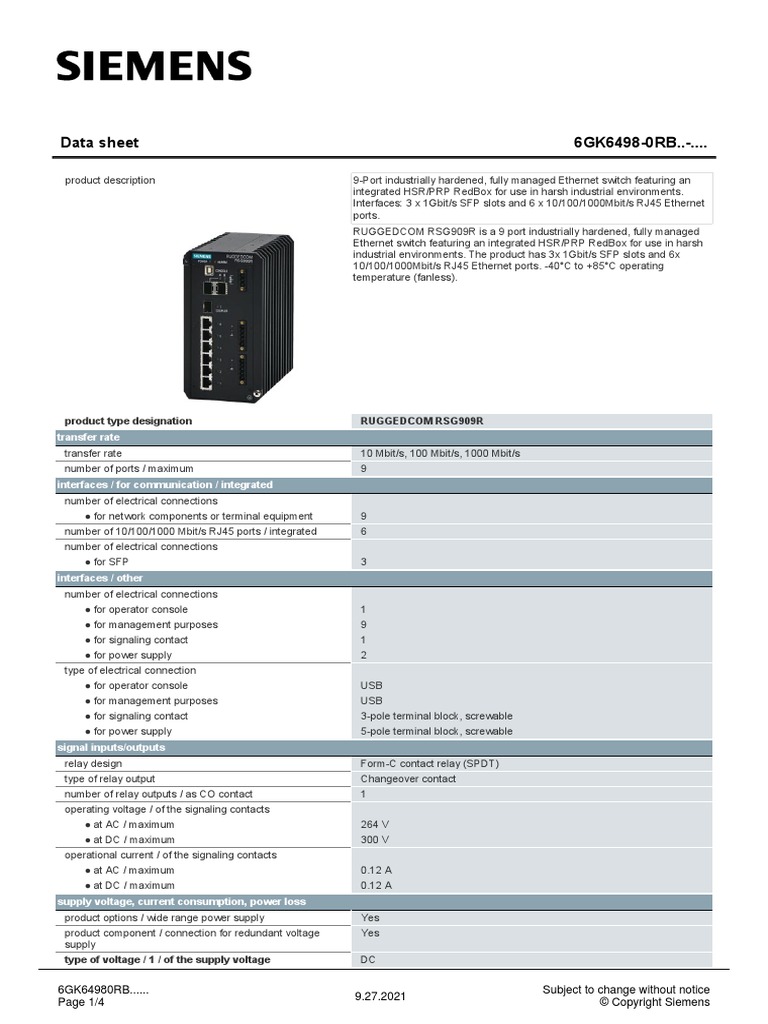 Data Sheet 6GK6498-0RB..-.... : Product Type Designation Ruggedcom Rsg909R | PDF | Power Supply ...