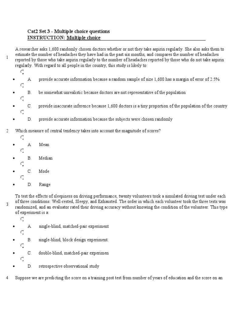 Cat2 Set 3 - Multiple Choice Questions INSTRUCTION: Multiple Choice | PDF | Statistics | Mean