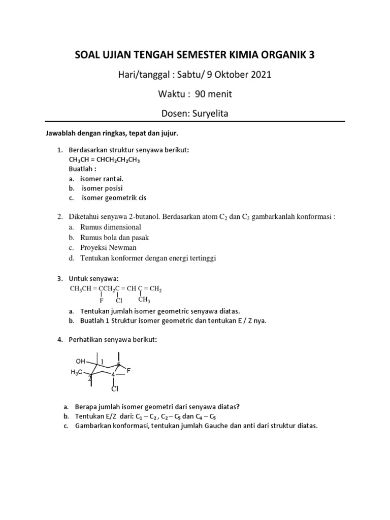 Soal Uts Kimia Organik 3 2021 | PDF