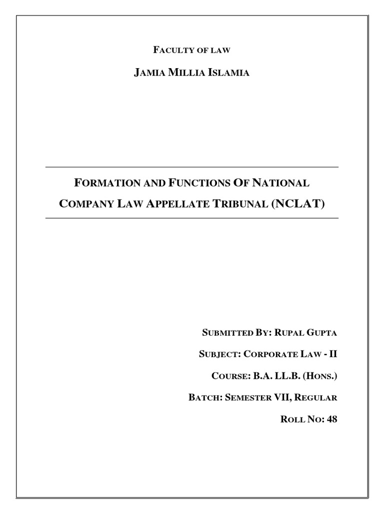 Formation and Functions of National Company Law Appellate Tribunal | Download Free PDF ...