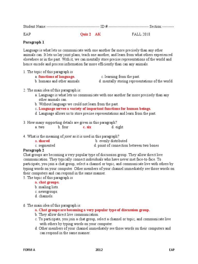 EAP Quiz 2 Form A AK | PDF | Cognition | Musculoskeletal System