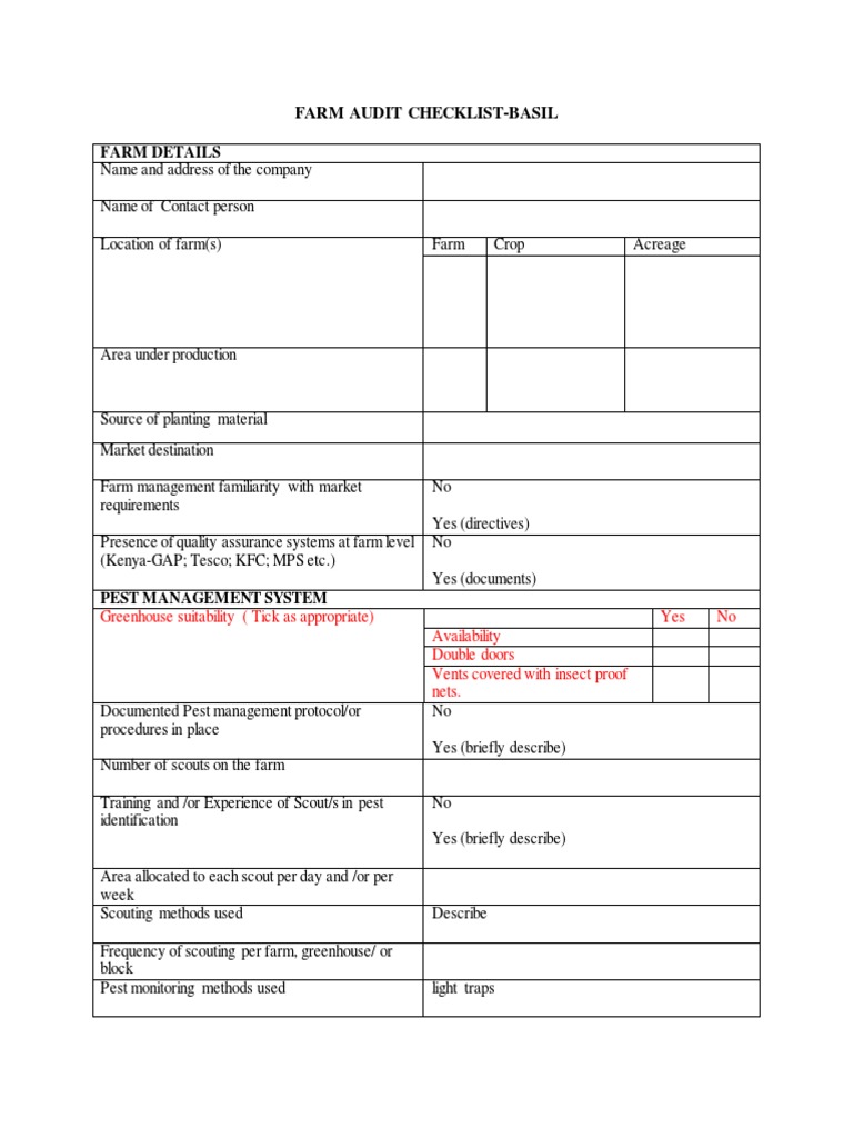 Farm Audit Checklist-Basil | PDF | Sanitation | Pest (Organism)
