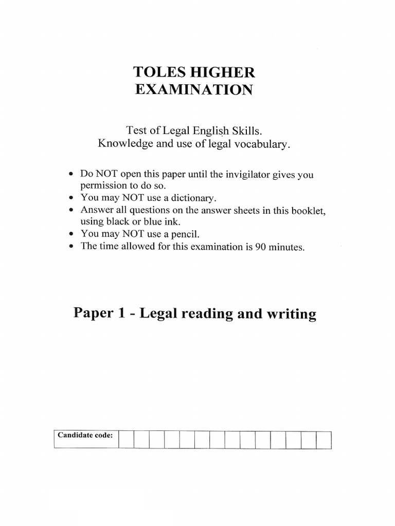 TOLES Higher Exam Sample Paper Legal English Language Training | PDF