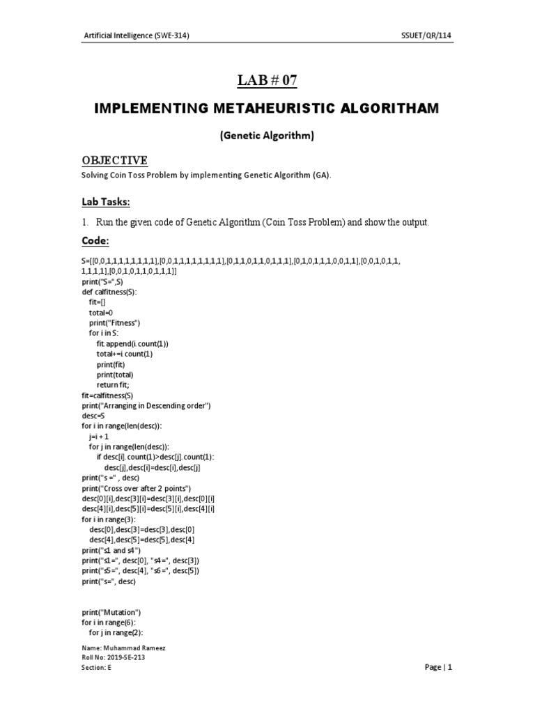 Implementing Metaheuristic Algoritham: (Genetic Algorithm) Objective Lab Tasks: Code | PDF ...