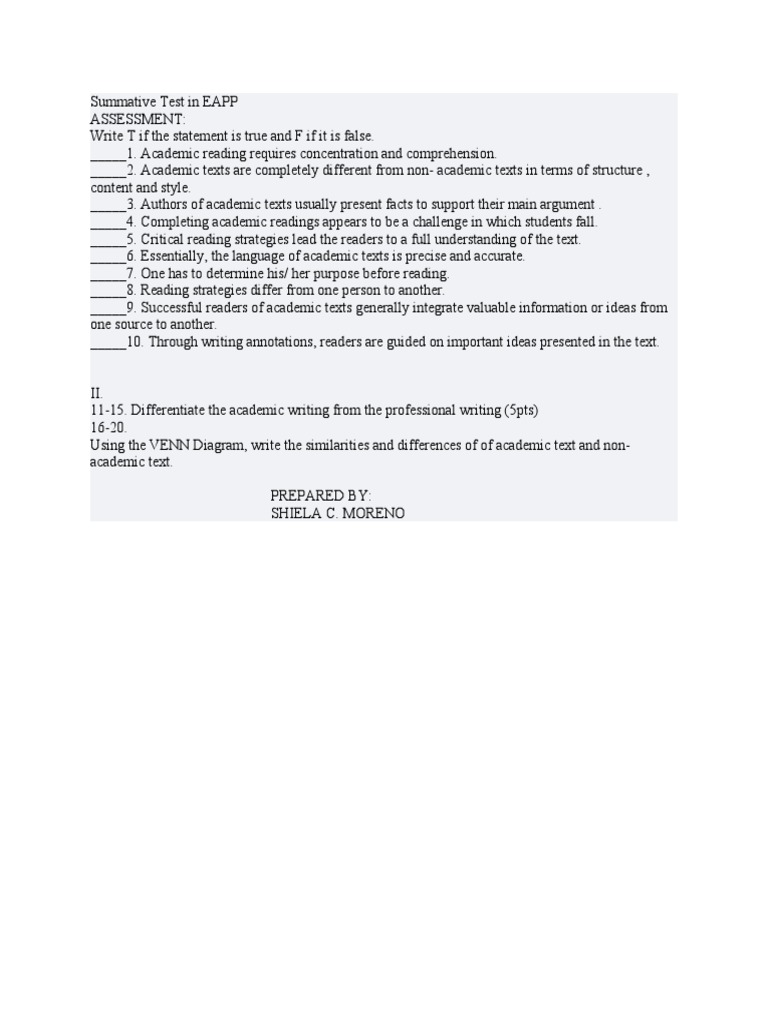 Summative Test in EAPP | PDF