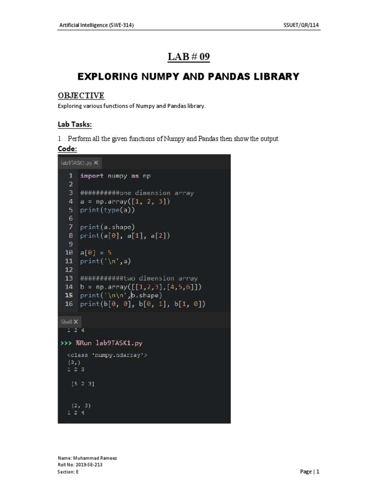 Exploring Numpy And Pandas Library Objective Lab Tasks Code Pdf Software Development 3629