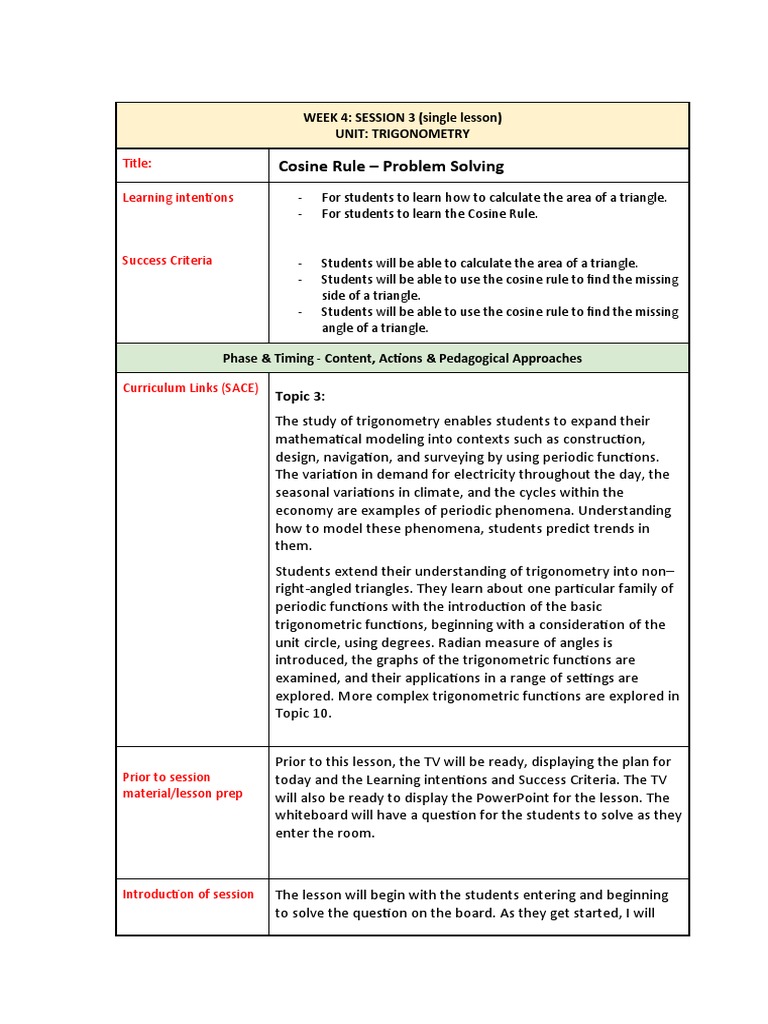 Trigonometry Lesson Plan Pdf Trigonometry Trigonometric Functions