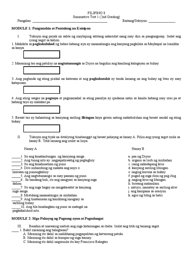 FILIPINO 8 Summative Test 1 | PDF