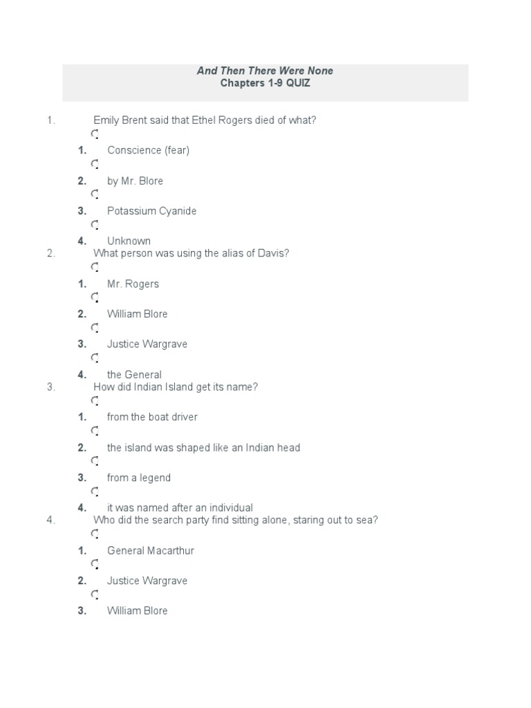 And Then There Were None Ch. 1-9 Quiz | PDF