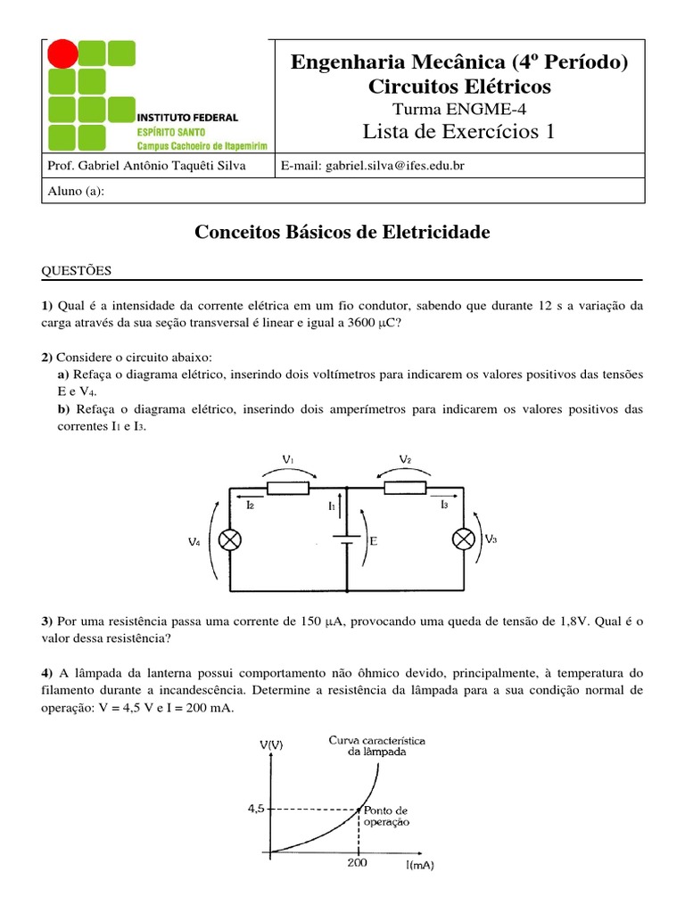 520561-Lista 1 (Conceitos Básicos de Eletricidade) | PDF | Resistência elétrica e condutividade ...