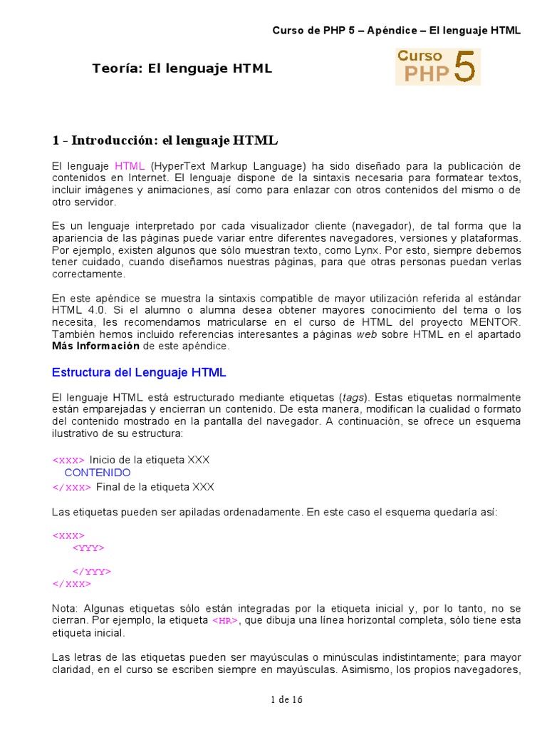 Introducción al lenguaje HTML y sus principales etiquetas | PDF | HTML | Hipervínculo