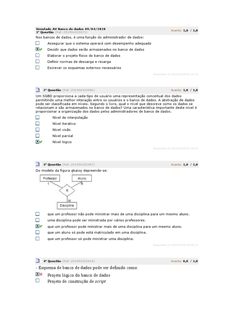 Simulado de banco de dados com 10 questões sobre conceitos básicos | PDF | Modelo relacional ...