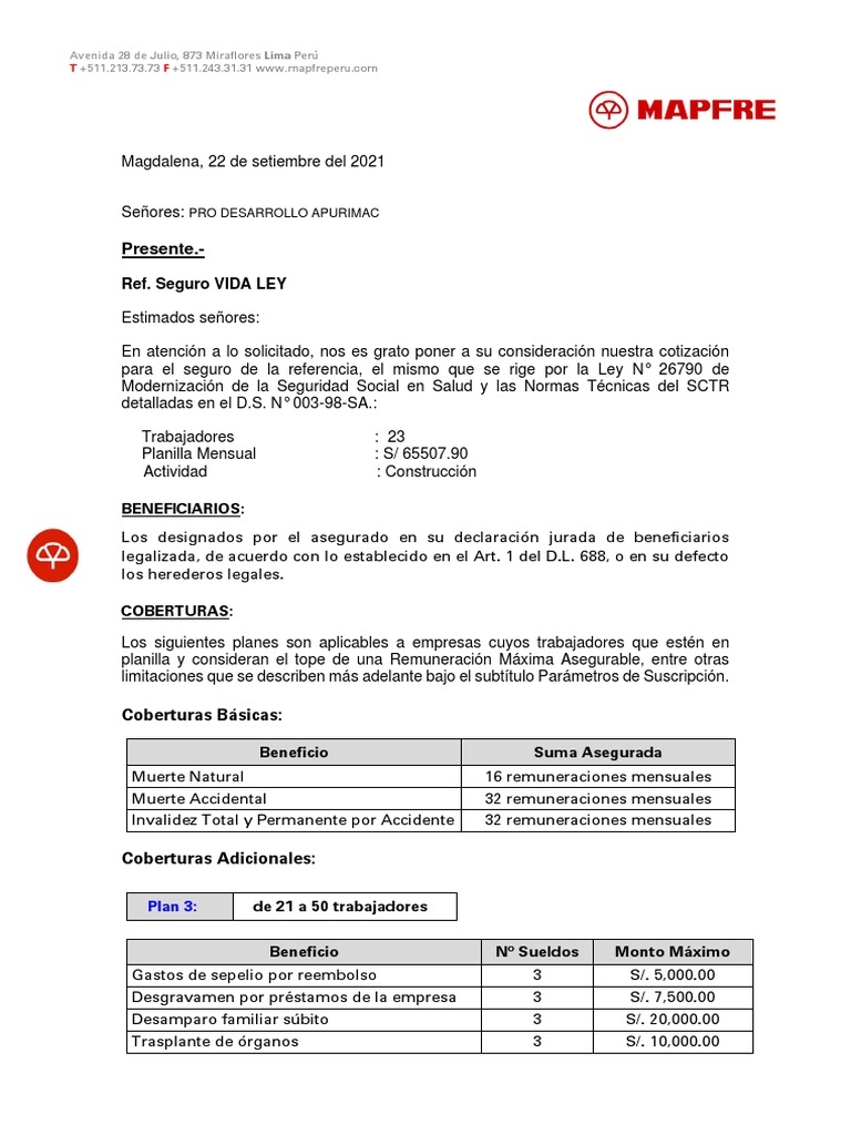 Cotizacion Vida Ley Mapfre Prodesarrollo Agosto | PDF