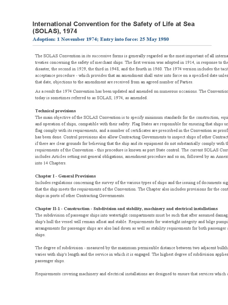 International Convention For The Safety of Life at Sea (SOLAS), 1974 ...