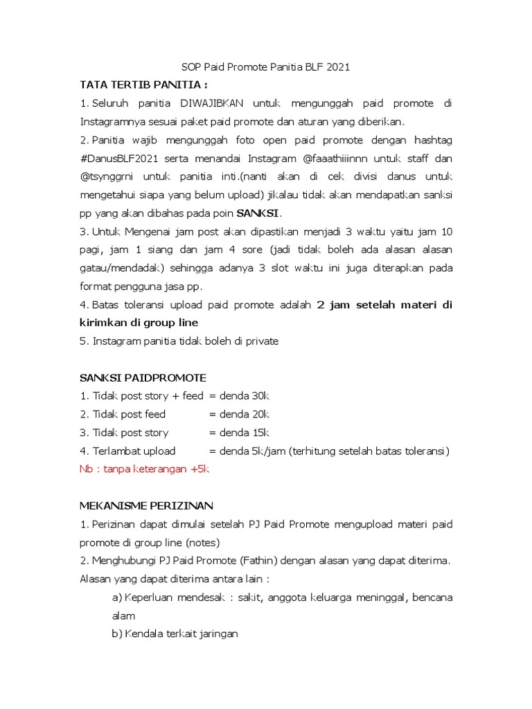 SOP Paid Promote Panitia BLF 2021 | PDF