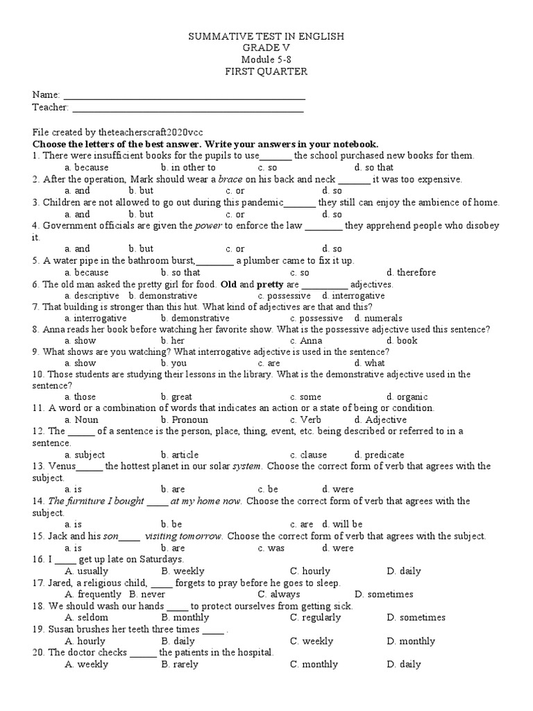 Grade 5 English Quiz Instructions | PDF | Subject (Grammar) | Verb
