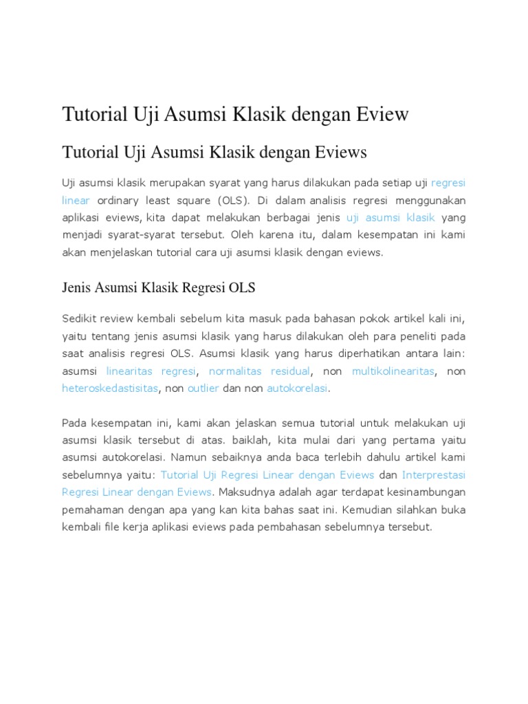 Tutorial Uji Asumsi Klasik Dengan Eview | PDF
