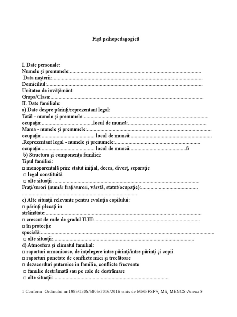 Fisa Psihopedagogica | PDF