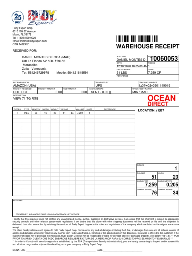 Ocean: Warehouse Receipt | PDF | Cargo | Transport