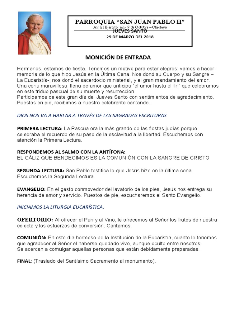 Monición de JUEVES SANTO - B | PDF | eucaristía | Misa (liturgia)