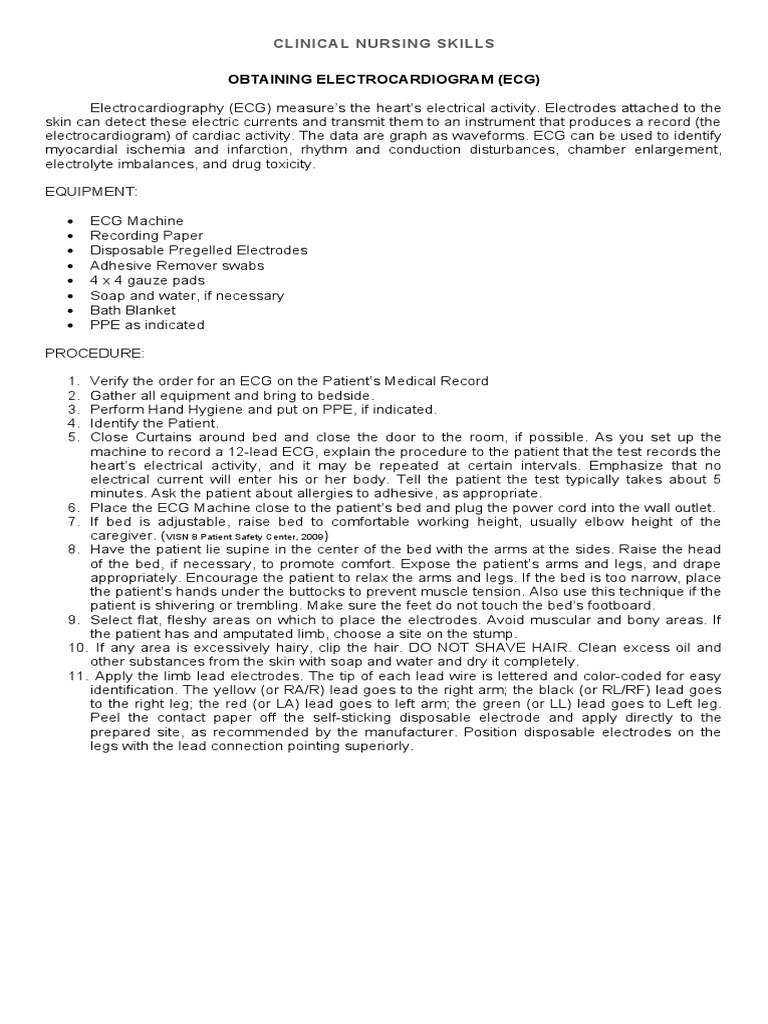 Obtaining Electrocardiogram (Ecg) : Clinical Nursing Skills | PDF | Electrocardiography ...
