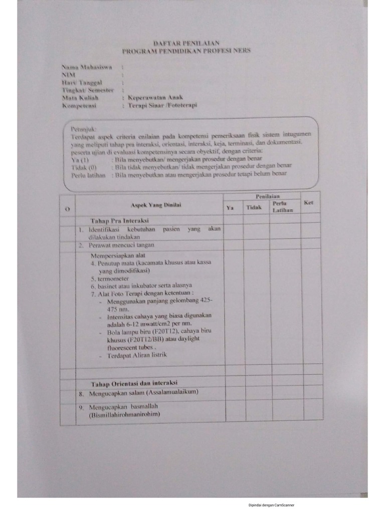 Daftar Tilik Fototerapi | PDF
