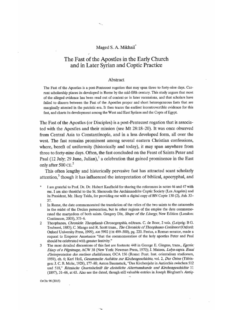 The Fast of The Apostles in The Early CH | PDF