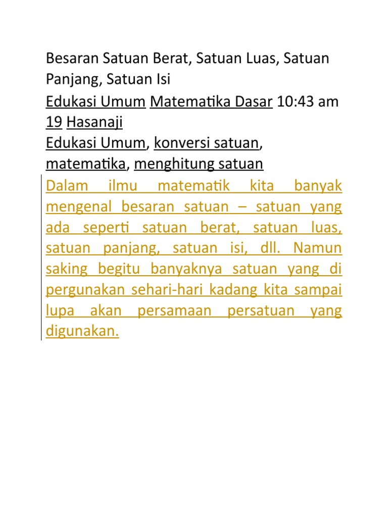 Satuan Ukuran Berat dan Konversinya | PDF