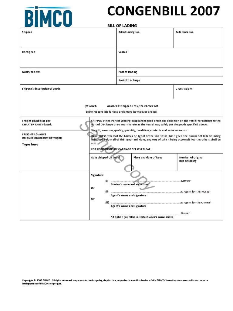 Sample Copy Congenbill 2007 | PDF | Bill Of Lading | Cargo